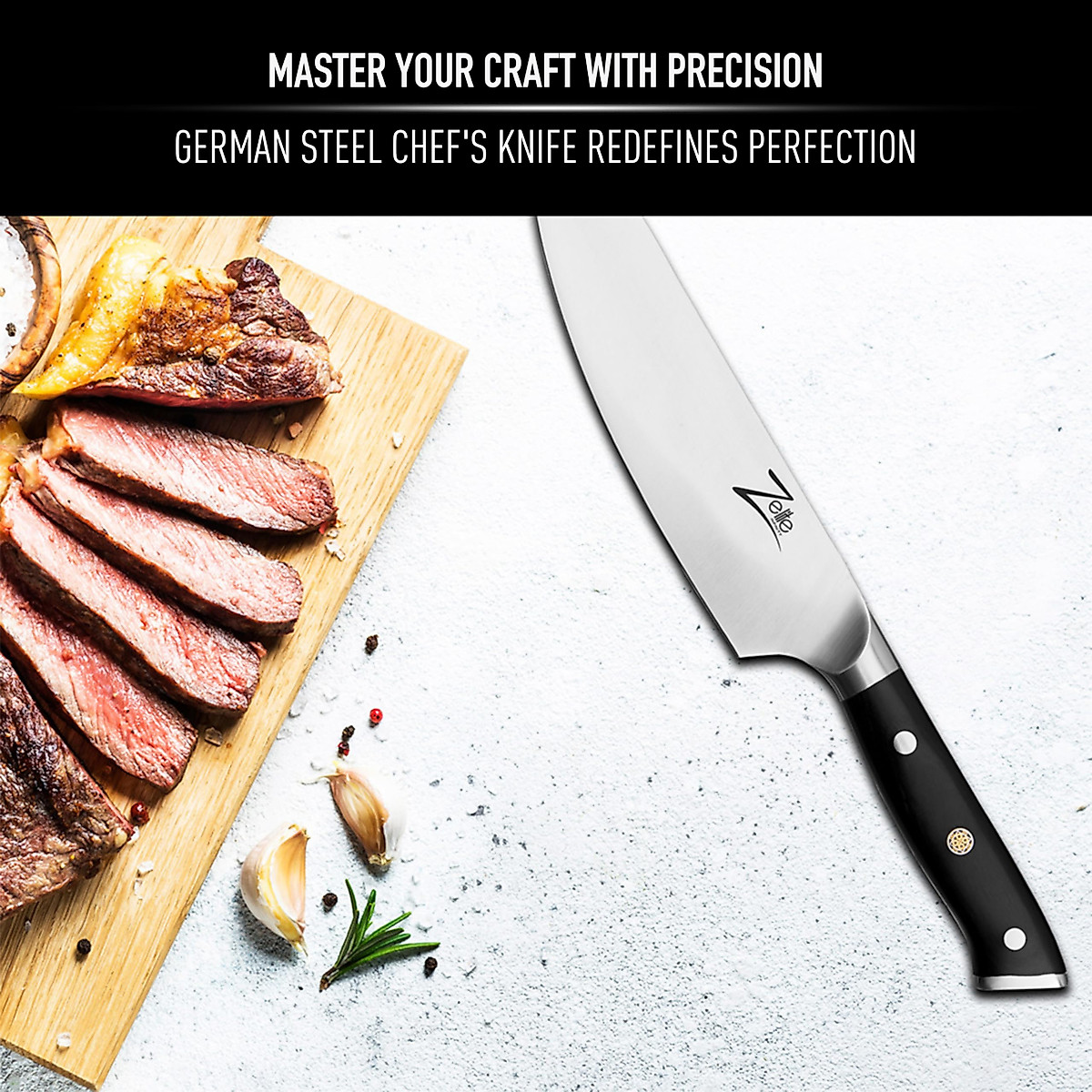 Zelite Infinity 8 Inch Chef Knife with Sheath - German High Carbon Stainless Steel Chef's Knife for Kitchen; Razor Sharp Cutting Knife with Paccawood Handle - Comes in Luxurious Gift Box