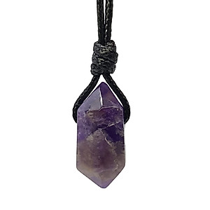 Luck Strings Natural Amethyst Point Necklace Quartz Crystal Pendant for Men Women Unisex Adult - Spiritual Meditation Stone Cord Choker Gift