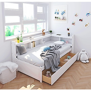 DEINPPA Twin Size Bookcase Bed, L Shape Captain Bed Frame with Storage Drawers, Wooden Platform Bed with Bookcase Headboard, Hug Bed Frame for Kids Teens Boys Girls-White