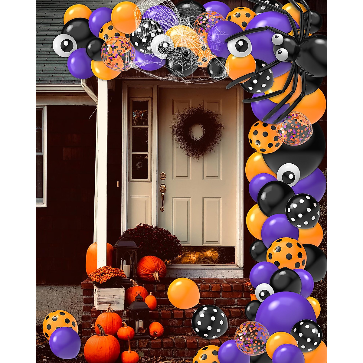 Gojmzo Halloween Balloon Garland Arch Kit, 5/10/12/18 Inch Confetti Purple Black and Orange Balloons with Spider Web, Halloween Decorations Indoor, Halloween Balloon for Party Decorations