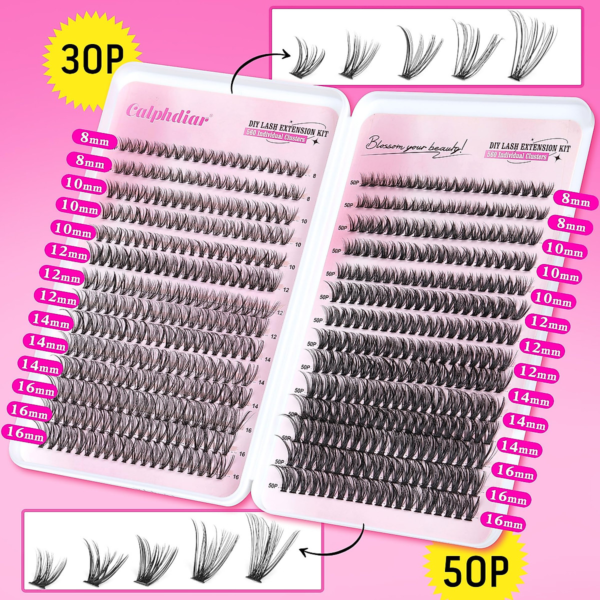 Lash Extension Kit 30D&50D Eyelash Extension Kit D Curl Lash Clusters Kit with Lash Bond and Seal 560 Pcs Natural Lashes Extension Kit with Lash Tweezers by Calphdiar (30D+50D-D-8-16MIX KIT)