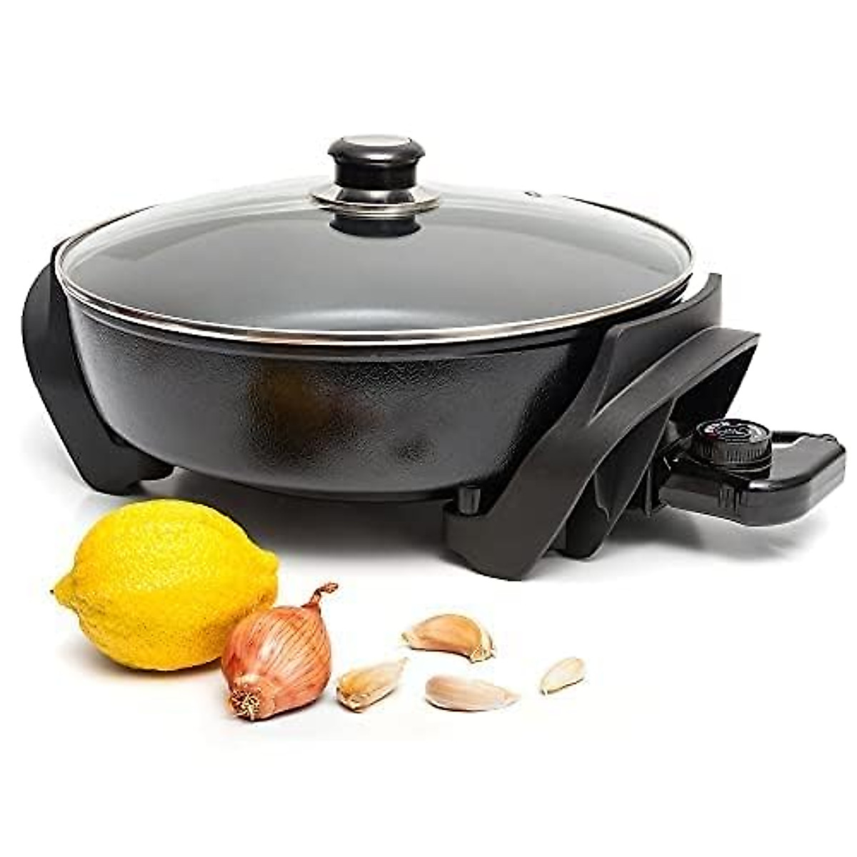 Moss & Stone Round Nonstick Electric Skillet With Lid, Aluminum 12 Inch Electric Frying Pan, 2 Layers Of Non-Stick Coating, Adjustable Temperature Control, Lid With Steam Vent, Electric Deep Skillet
