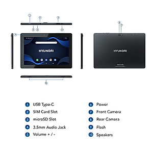 HYUNDAI 10 Inch Tablet, Hytab Plus - 2GB/32GB Storage with Expandable MicroSD(Up to 128 GB) - Android 11 Go with Quad Core - 5000mAh Battery - HD IPS Display, WiFi and LTE (T-Mobile only) - Black