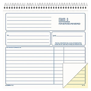 TOPS 2-Part Carbonless Bill for Services Rendered Book, 8.5 x 8.25 Inches, 50 Sheets, White, (4133)