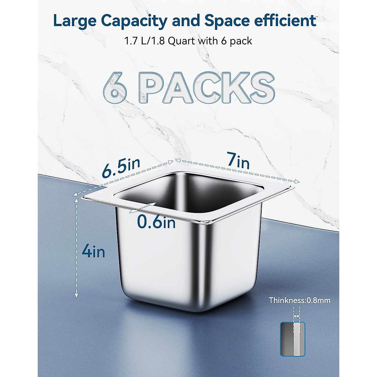 ZeroPone Hotel Pan 4" Deep Steam Table Pan 6 Pack 1/6 Size Hotel Pan 22 Gauge Stainless Steel Anti Jam Steam Table Pan