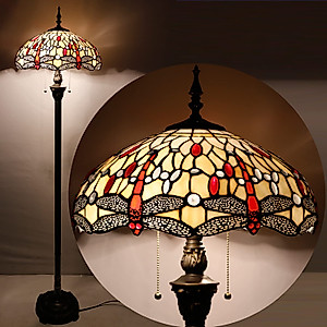 WERFACTORY Tiffany Floor Lamp Dragonfly Amber Stained Glass Standing Reading Light 16X16X64 Inches Antique Pole Corner Lamp Decor Bedroom Living Room Home Office S557 Series