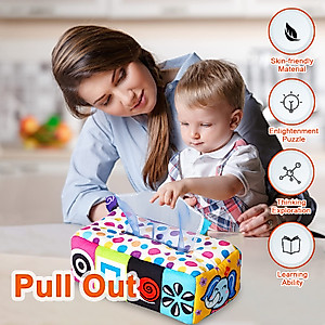 Adpartner Baby Tissue Box Toy, Montessori Sensory Baby Toys for Babies 6 to 12 Months, Soft Educational Tissue Toy Box with Fabric Crinkle Cards Scarves for 1 Year Old Boys Girls Early Learning Gifts