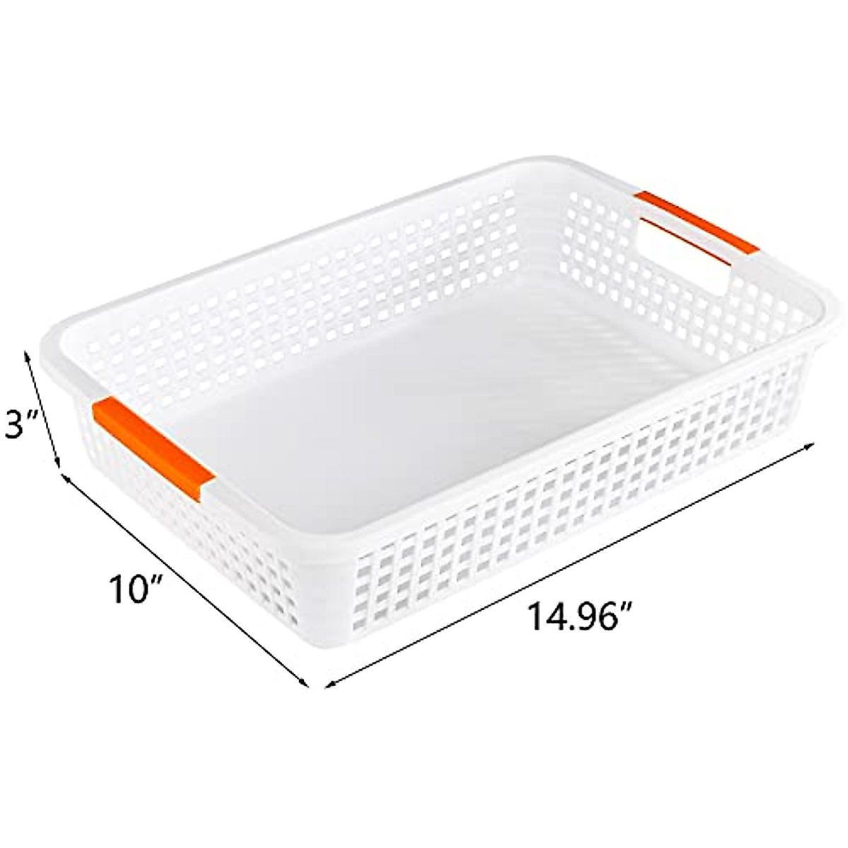 Lawei 8 Pack Large Plastic Sorage Basket with Handle - 15 x 10 x 3 Inch Pantry Organizer Basket Bins Desktop Paper Storage Basket for Organization, Countertops, Cabinets, Bedrooms, Bathrooms