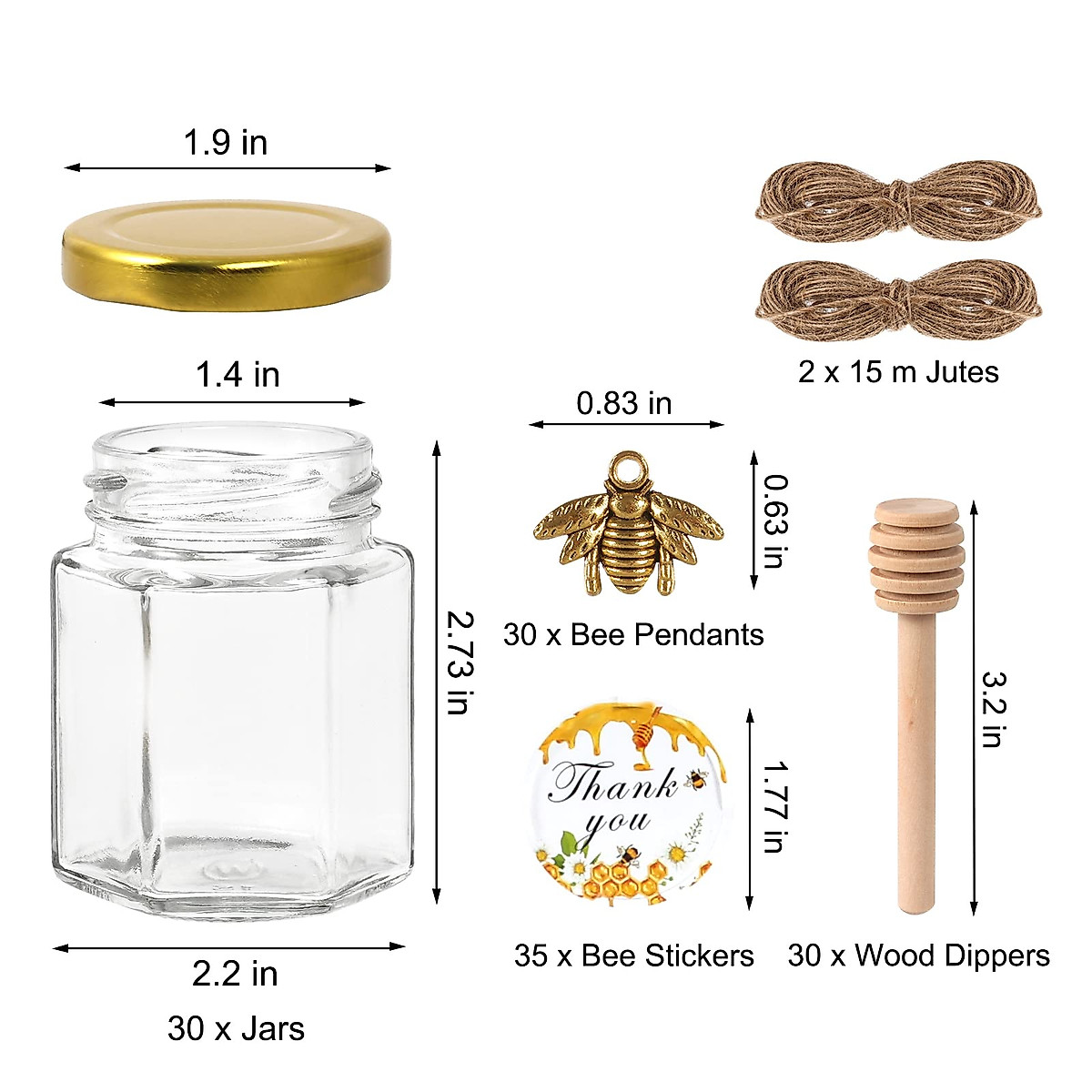 BIGIVACA 3 Ounce Hexagonal Mini Glass Honey Jar with Wooden Dips, 30 Honey Jars with Gold Lid, Bee Pendant, Jute, 35 Bees Stickers, Great for Baby Showers, Party Gifts, Wedding Gifts