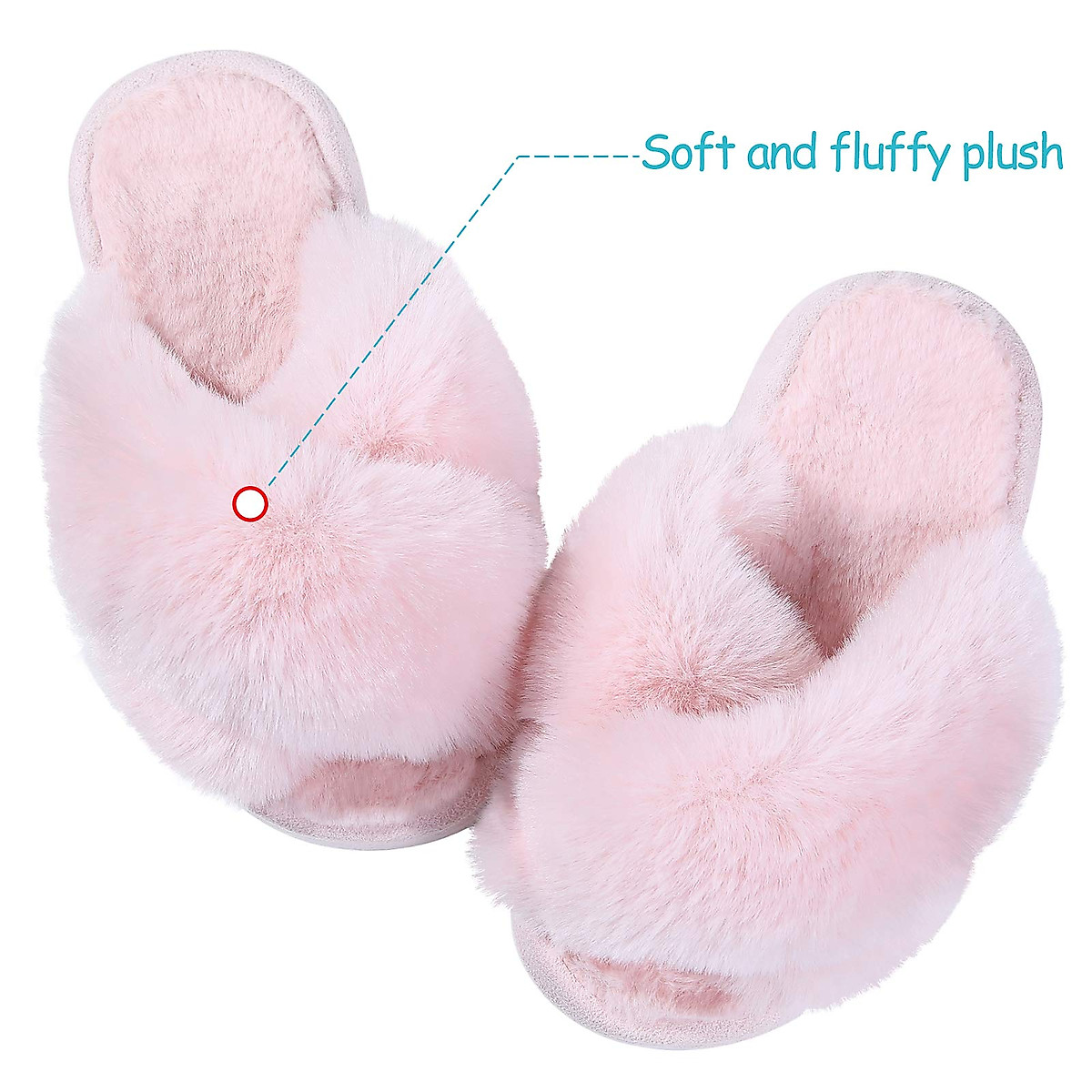 Girl's Soft Plush Lightweight House Slippers Non Slip Cross Band Slip on Open Toe Cozy Indoor Outdoor Slippers PK33 Pink