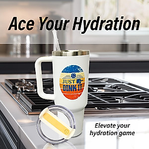 ReLIVE Pickleball Insulated 40oz Stainless Steel Tumbler Cup with Lid, Straw, and Handle, Drink, Tea, and Coffee Travel Mug - White