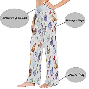 vvfelixl Women's Pajama Pants Colored Chicken Hens Butterflies Flowers Sleepwear Lounge Pajama Bottoms White M
