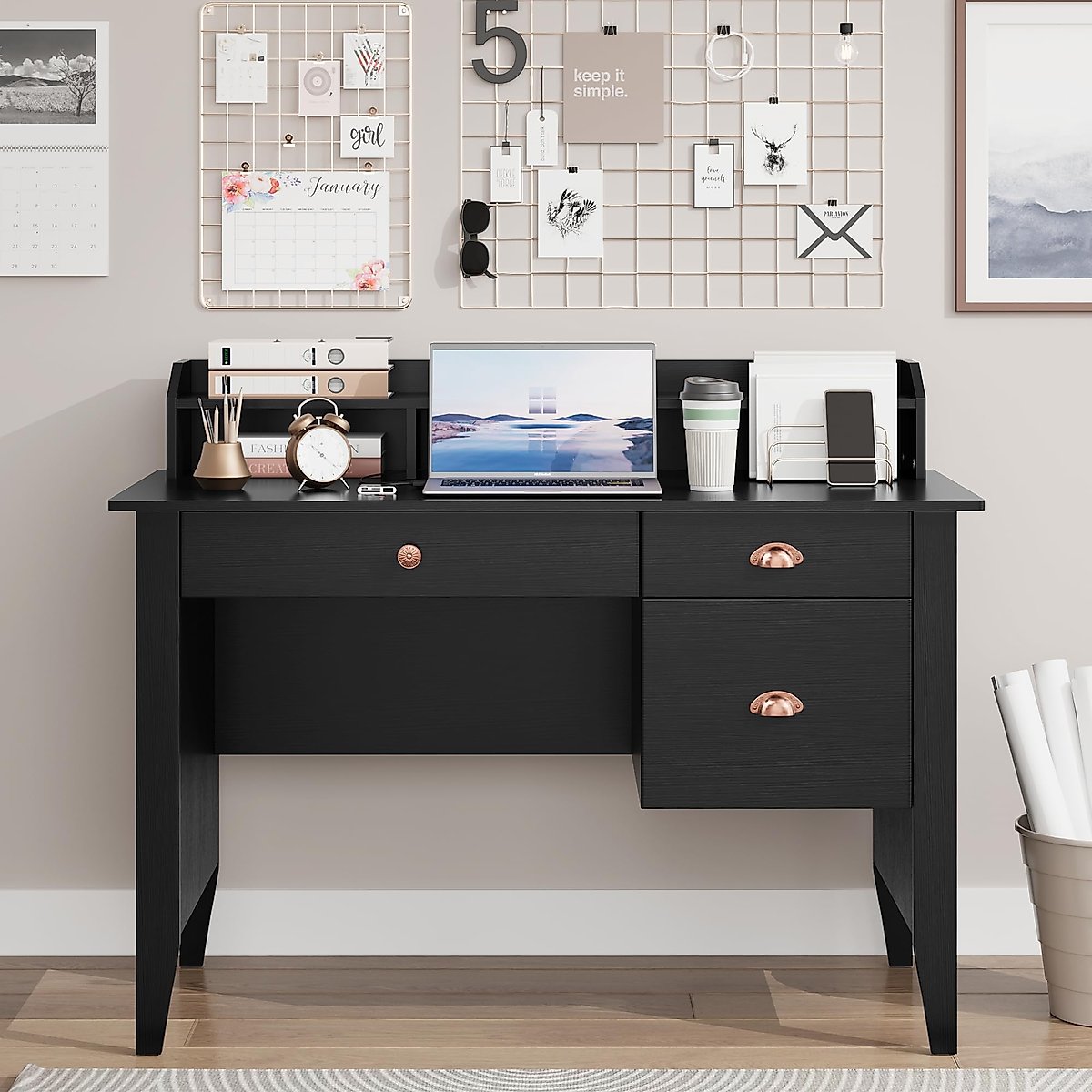 TTVIEW Computer Desk with Storage Drawers & USB Charging Port, Home Office Executive Desk with Hutch Shelf and File Drawer, Writing Study Table with 47" Wide Tabletop for Small Spaces, Black