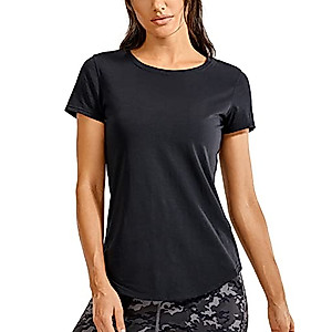 CRZ YOGA Women's Pima Cotton Short Sleeve Workout Shirt Yoga T-Shirt Athletic Tee Top Black Large