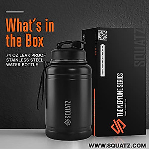 SQUATZ 74 Oz Neptune Series Steel Water Bottle, Stainless Double Wall Vacuum Insulated Jug with Handle Strap, Large Capacity Leak Proof Wide Mouth Thermos for Gym, Travel, Hiking, and Camping