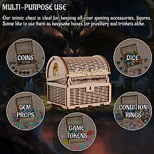DND Mimic Chest Box Wood Laser Cut Dice Storage Case Perfect for Dungeons and Dragons, Board Game, Tabletop RPG and Gaming Accessories