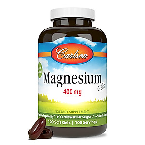 Carlson - Magnesium Gels, 400 mg of Magnesium per Softgel, Heart & Muscle Support, Magnesium Gel Caps, Bowel Function, Magnesium Supplement, 100 Softgels