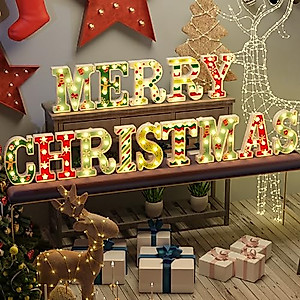 Christmas Decorations - 14 LED Letters Christmas Lights 'MERRY CHRISTMAS' for Christmas Decorations Indoor Home Decor, Surface UV Printing Snowflakes, Christmas Trees, Elk, etc, Warm White