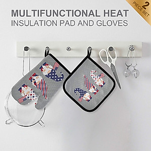 Exnundod America Flag Gnomes Oven Mitts Pot Holders Set,Memorial Day 4Th of July Patriotic Hot Pads&Gloves 2pcs for Kitchen Cookware Cooking BBQ Baking Bakeware Sets