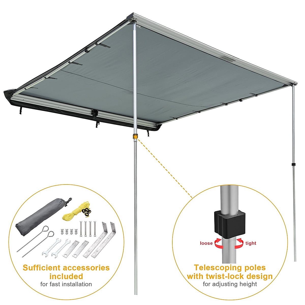 Yescom 8.2x8.2Ft Car Side Awning SUV Truck Vehicle Canopy UV50+ Rooftop Pull Out Tent Shade Shelter for Outdoor Camping