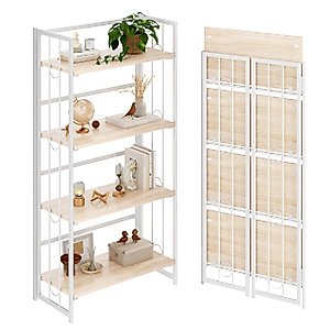 4NM No-Assembly 4 Tiers Folding Bookshelf Storage Shelves Vintage Bookcase Standing Racks Study Organizer Home Office - Natural and White