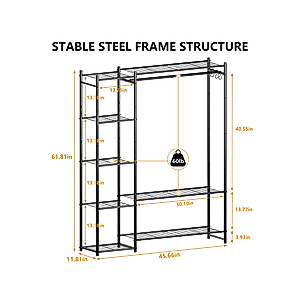 Wardrobe Closet,Portable Clothes Rack with 4 Tiers Shelves,Freestanding Closet Organizers and Storage System with Hanging Rods,Steel Clothing Rack Suitable for Cloakrooms,Bedrooms,Entrances,etc.Black
