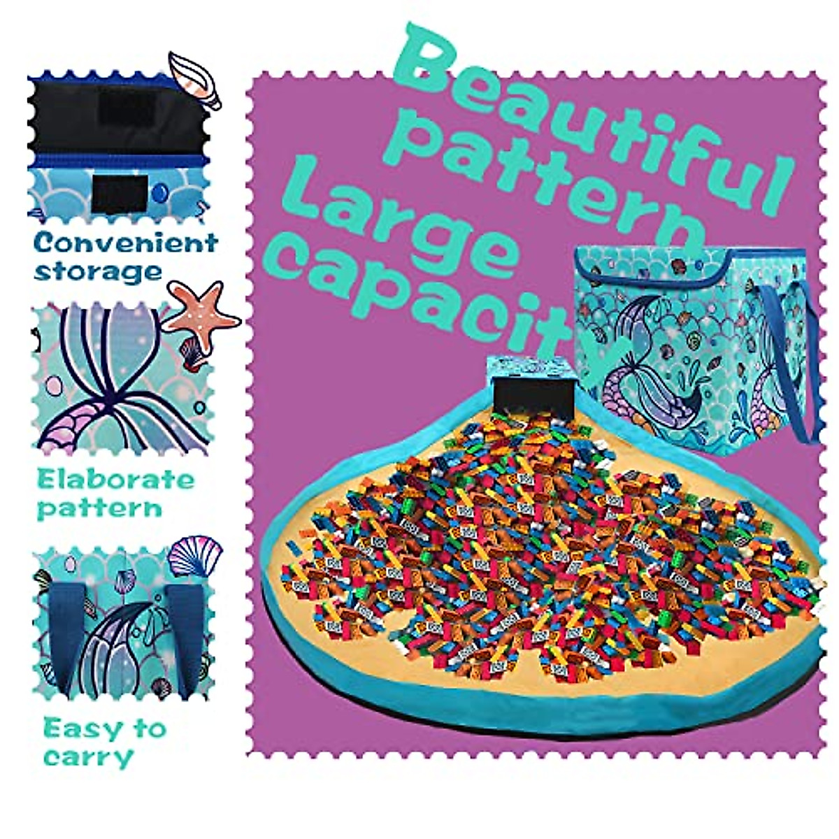 Wetrybest Portable Toy Storage Organizer and Play Mat for kids - Girls Mermaid playroom organization and storage - Building bricks bin for toys box with lid - Keep your room clean-Quick tidy up