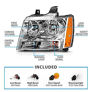 AmeriLite for Chevy 07-13 Tahoe/Suburban/Avalanche Factory Style Chrome Halogen Replacement Headlights Pair - Driver and Passenger Side