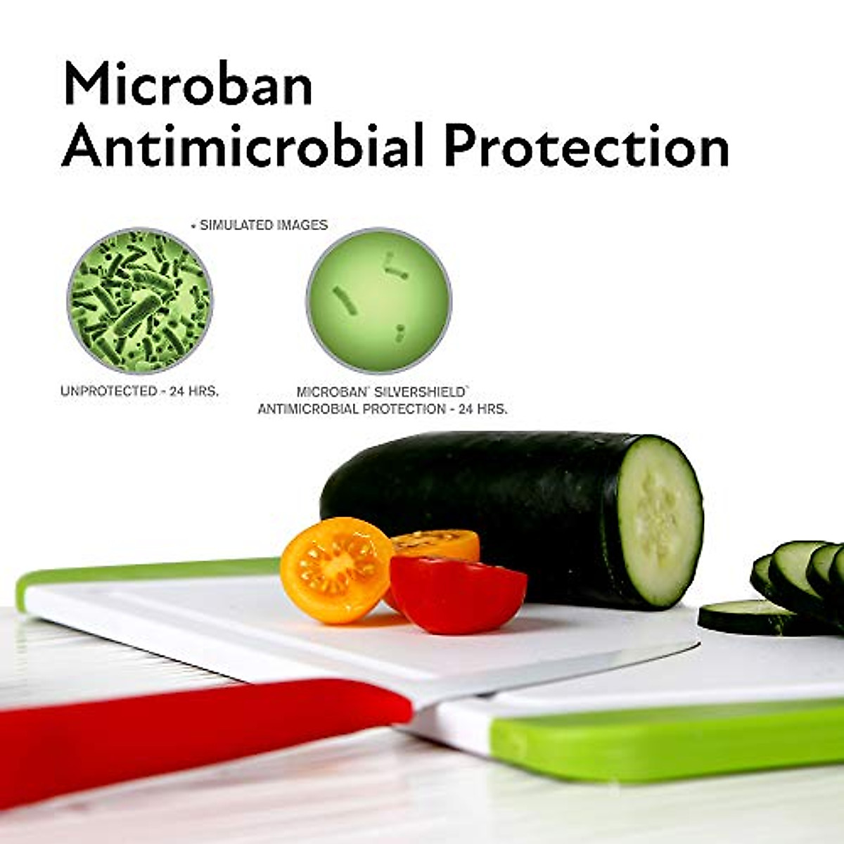 Neoflam 2pc Antibacterial Plastic Cutting Board Microban Protection, Stain & Odor, Extra Large, BPA Free, Juice Groove, Non Slip, Dishwasher Safe, Easy Grip Handle, Set, White Green