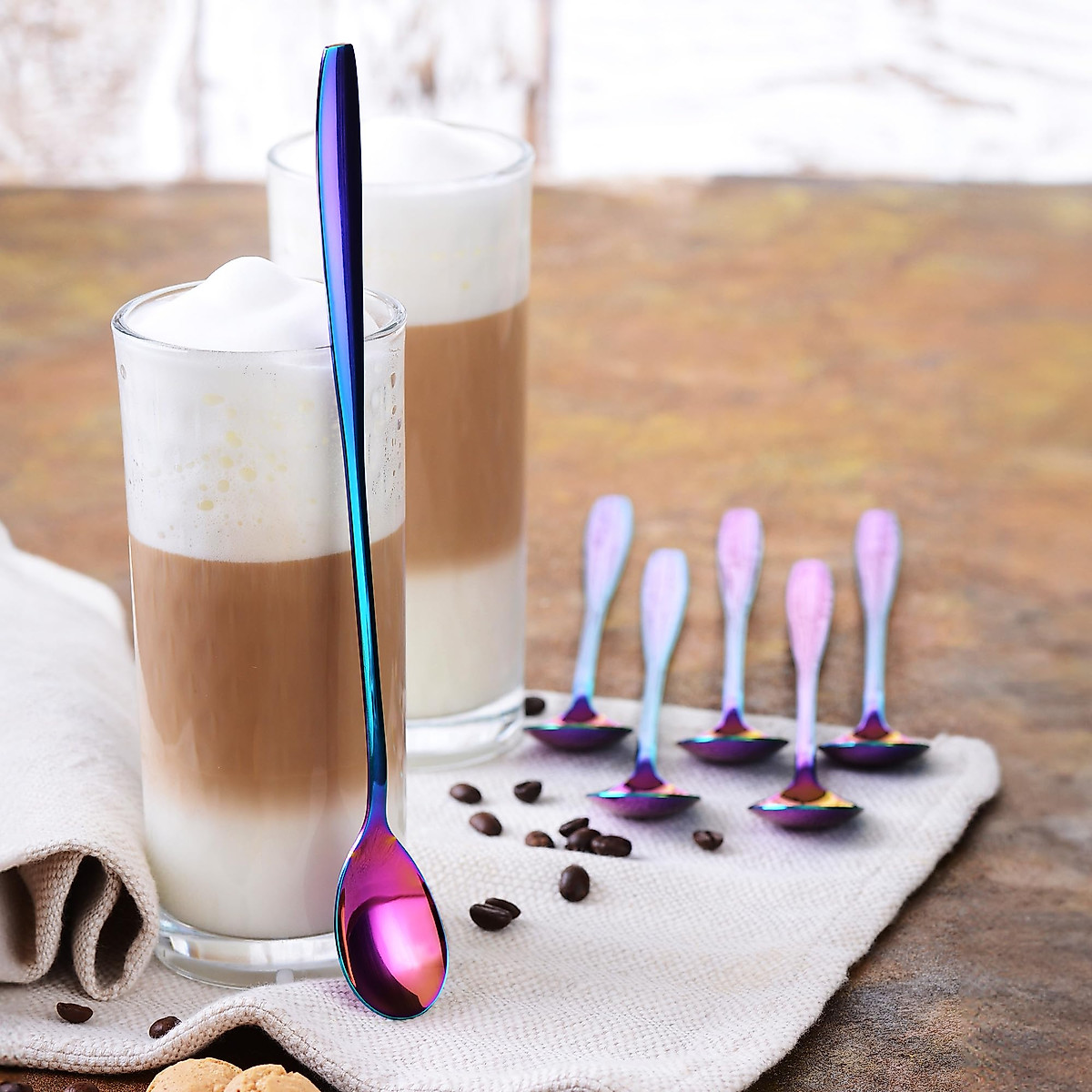 GRÄWE Long Handle Iced Tea Spoon, Coffee Spoon, Ice Cream Spoon, Spoons for desserts, Stainless Steel, Cocktail Stirring Spoons, Set of 6, Dishwasher Safe, Rainbow