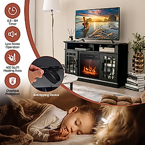COSTWAY Electric Fireplace TV Stand for TVs Up to 55 Inches, 18-Inch Fireplace Insert with Remote, Overheat Protection, 48-Inch Wooden Media Entertainment Center with Adjustable Shelves, Black