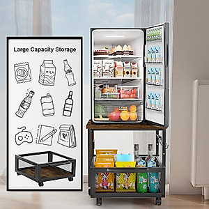 Mini Fridge Stand with Storage and Wheels, Heavy Duty Mini Fridge Table with Power Outlets for 220LBS Refrigerator, Rolling Fridge Cart with Large Capacity Drawer for Dorm,Office,Bedroom (Retro Brown)