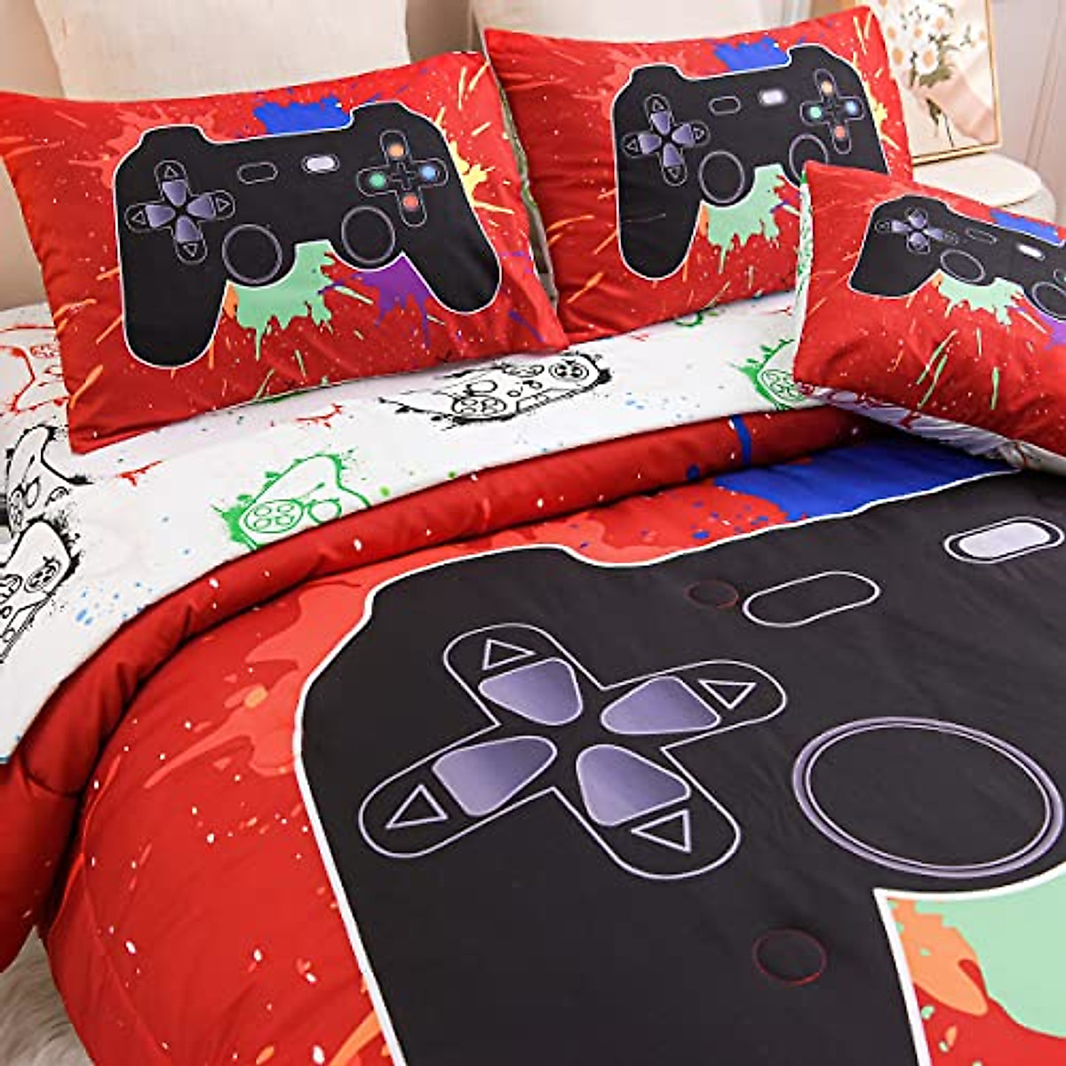 NTBED Game Console Comforter Set for Boys Girls Kids 3D Gaming Tie Dye Lightweight Microfiber Gamer Bedding Sets (Red, Full 6Pcs)