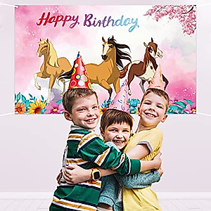 Chrzee Cartoon Spirit Horse Backdrop - 5x3FT Pink Happy Birthday Backdrop Spirit Horse Party Supplies Decorations for Girls Boys Kids