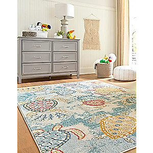 Unique Loom Positano Collection Coastal Modern Turtles Beige Area Rug (5' x 8')