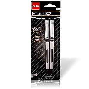 Cello Premium Medium Point Pens with Comfort Grip Control (Genius Black Ink Gel 2 Pack)