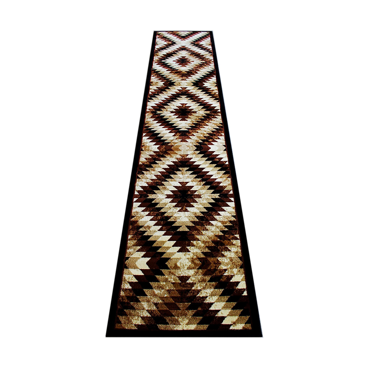 EMMA + OLIVER Olefin Accent Rug - Distressed Southwestern Diamond Motif in Brown, Beige, White & Black - 2x11 - Plush Pile - Jute Backing