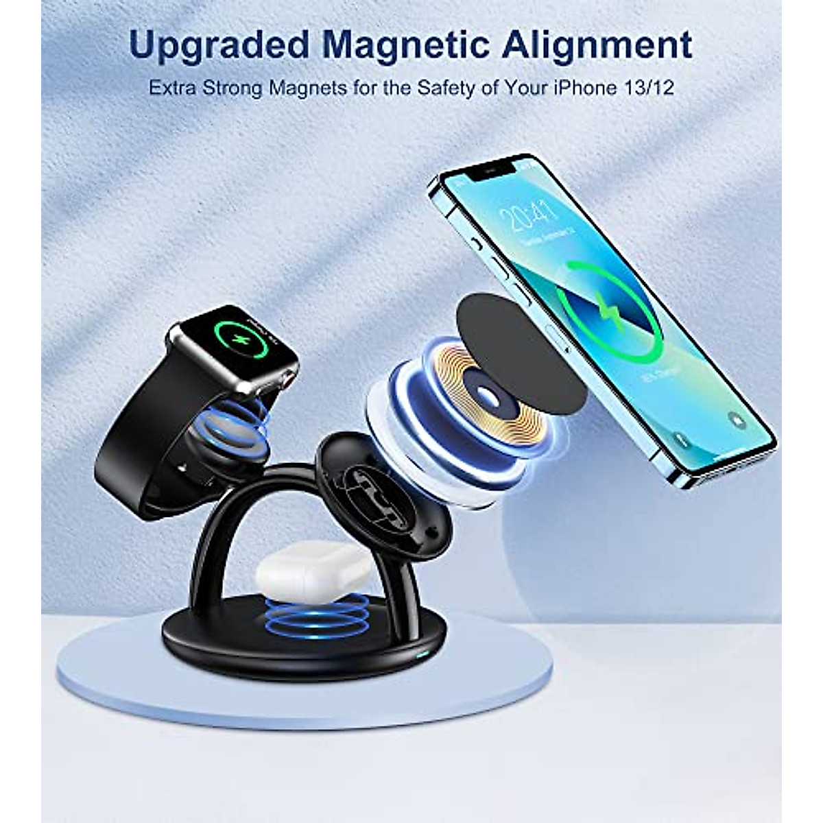 3 in 1 Magnetic Wireless Charging Station for iPhone 14/13/12, 15W Fast Wireless Mag-Safe Charger Stand with QC3.0 Adapter, for iPhone 14 13 12 Pro Max/Pro/Mini,Apple Watch 7/SE/6/5/4/3/2, AirPods Pro