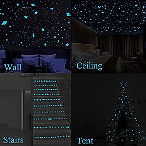 Glow in The Dark Stars for Ceiling,359Pcs 3D Glowing Star Removable Self-Adhesive Wall Decals,Moon, Rocket and Planets Wall Stickers for Girls Boys Kids DIY Bedding Room Bedroom Décor (Blue)