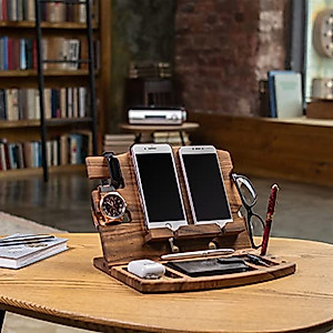 TESLYAR Natural Walnut Wood Phone Docking Station Phone Key Holder Wallet Stand Watch Organizer Men Husband Wife Anniversary Dad Birthday Nightstand Purse Father Graduation