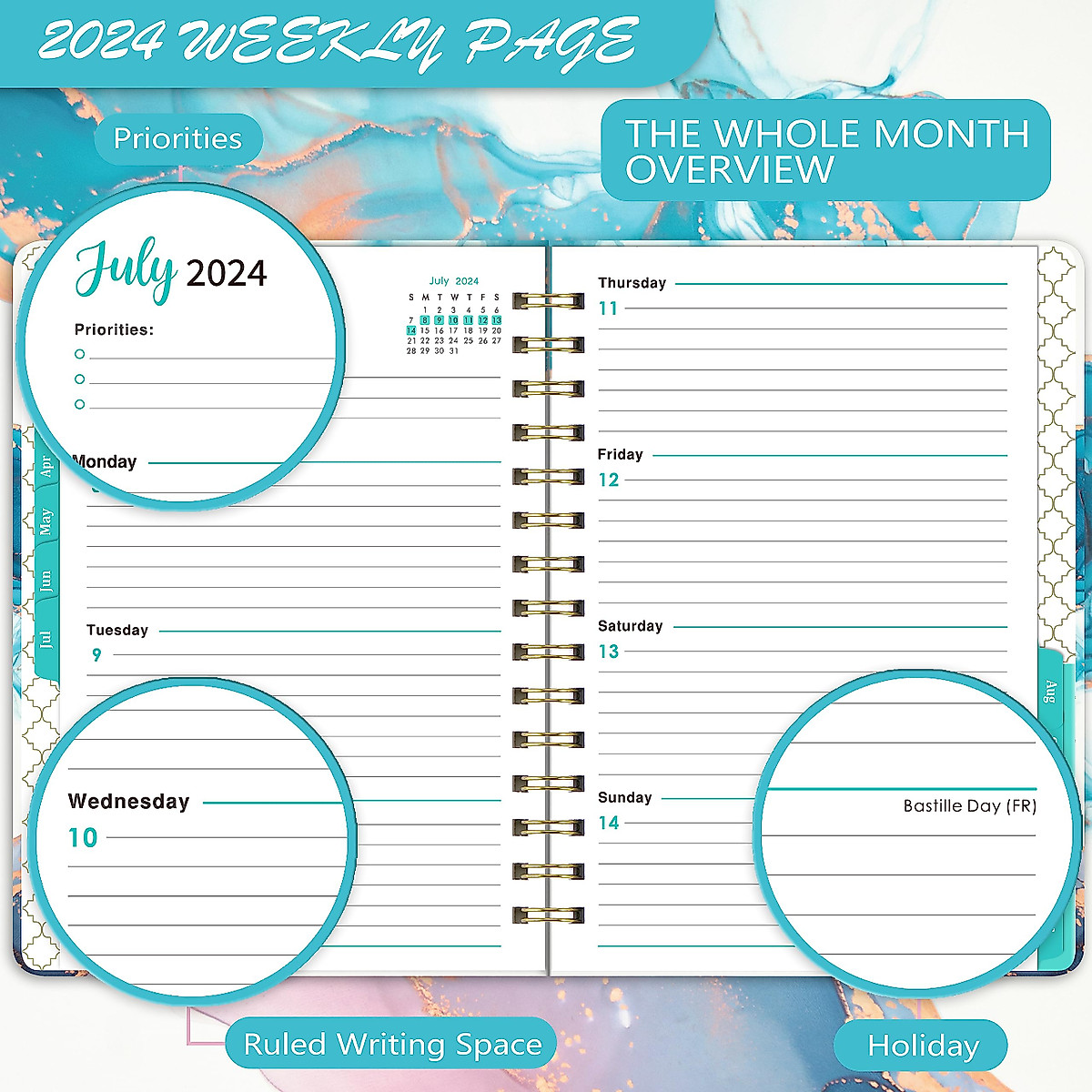 2024 Planner - 2024 Weekly & Monthly Planner with Tabs, 6.3" x 8.4", January 2024 - December 2024, Hardcover Planner 2024 with Back Pocket + Thick Paper + Twin-Wire Binding - Contrast Watercolor