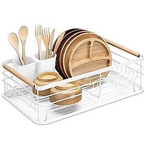 Navaris Dish Drainer Rack - Plate, Silverware, Pots and Pans Drying Rack for Kitchen with Beechwood Handles - Modern Retro Design Drip Tray - White