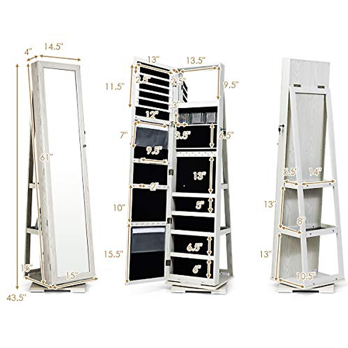 MAT EXPERT 360 Rotating Jewelry Armoire with Mirror, Freestanding Jewelry Storage Mirror w/78 Ring Slots, 24 Necklace Hooks, 120 Earring Slots, Lockable Standing Jewelry Organizer for Makeup (White)