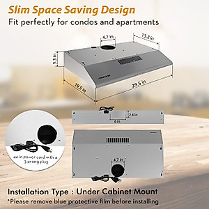 FIREGAS Under Cabinet Range Hood 30 inch, Ducted/Ductless Convertible Kitchen Hood Over Stove Vent, LED Light, 3 Speed Exhaust Fan, Reusable Aluminum Filters, Push Button, with Charcoal Filter