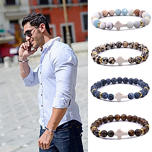 HYHONEY Cross Bracelet for Men Beaded Bracelets Couples Bracelets Cross Bracelet for Women Mens Lava Rock Turquoise Tiger Eye Stone Cross Bracelet Crystal Bracelet Anxiety Stretch Elastic Bracelets
