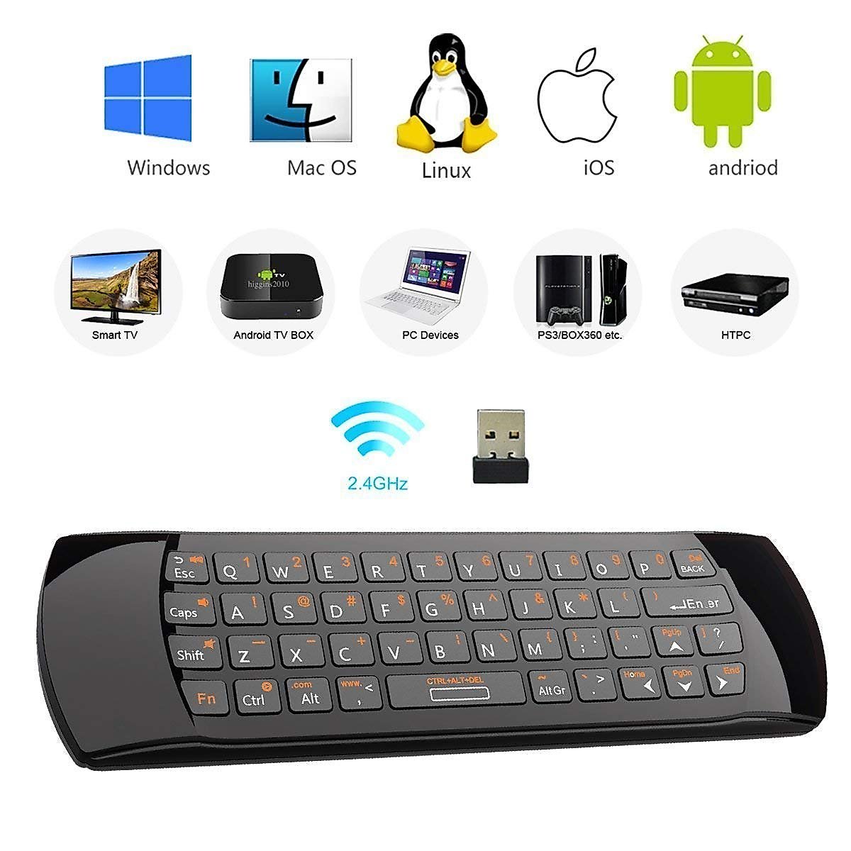 Rii Mini K25 Multifunction Portable 3 in 1 2.4GHz Wireless Fly Mouse Keyboard and Remote Control with Rechargeable Li-ion Battery for PC, Laptops, Linux, Android Tv Boxs, Windows, Windows, IPTV