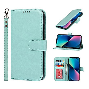 Cavor for iPhone 13 Wallet Case with Card Holder,Protective PU Leather Flip Folio Phone Case[Stand Feature] Wrist Strap [Shockproof TPU] Magnetic Closure Wallet Case-Green