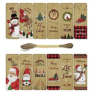 PRIMATCH 36 Packs Cute Christmas Bookmarks Tags for Women Men Kids Book Lovers, Vintage Kraft Paper Christmas Bookmark Gift Tags with 32.8 Feet Burlap Twine for DIY Xmas Holiday Present