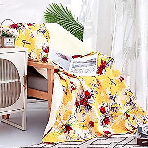 DaDa Bedding Yellow Floral Lap Quilt - Quilted Throw Blanket - Hummingbirds Farmhouse Red Flowers for Couch, Sofa or Bed- Scalloped Edges Bright Vibrant for Biophilic Design - 50 x 60