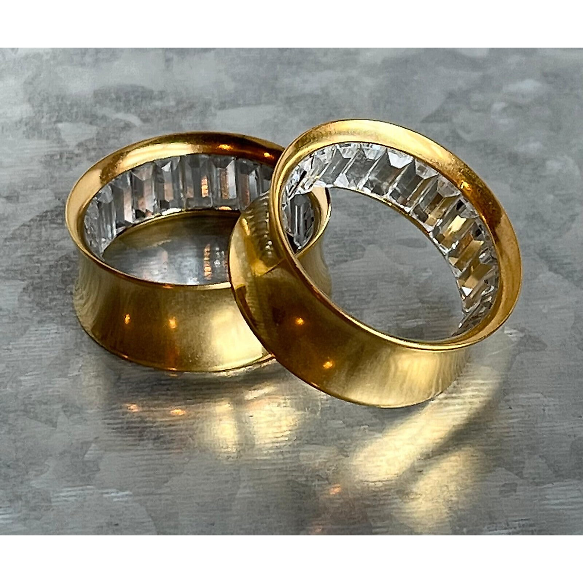 Lobal Domination PAIR of Inner Clear Square Gems & Gold Ion Plated Steel Saddle Tunnels Double Flare Plugs Gauges (7/8" (22mm))